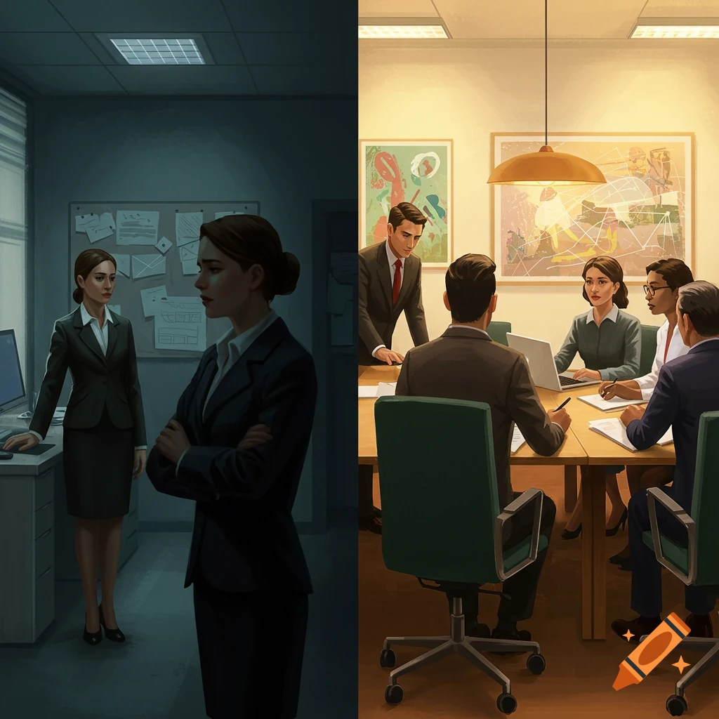 An illustration of two contrasting office scenes: a dark room with two ...