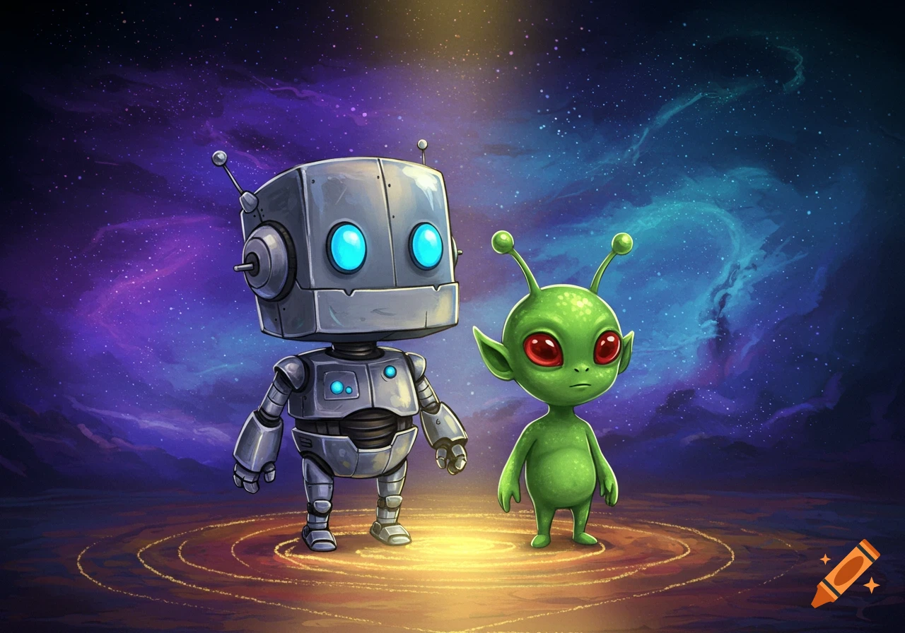 A cartoon robot with blue eyes and a green alien with red eyes and ...