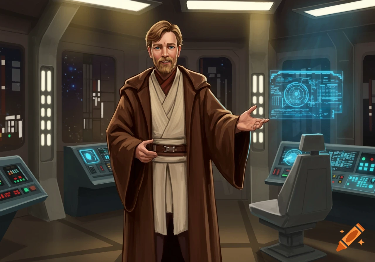 Obi-Wan Kenobi in a brown robe stands in a spaceship cockpit, gesturing ...