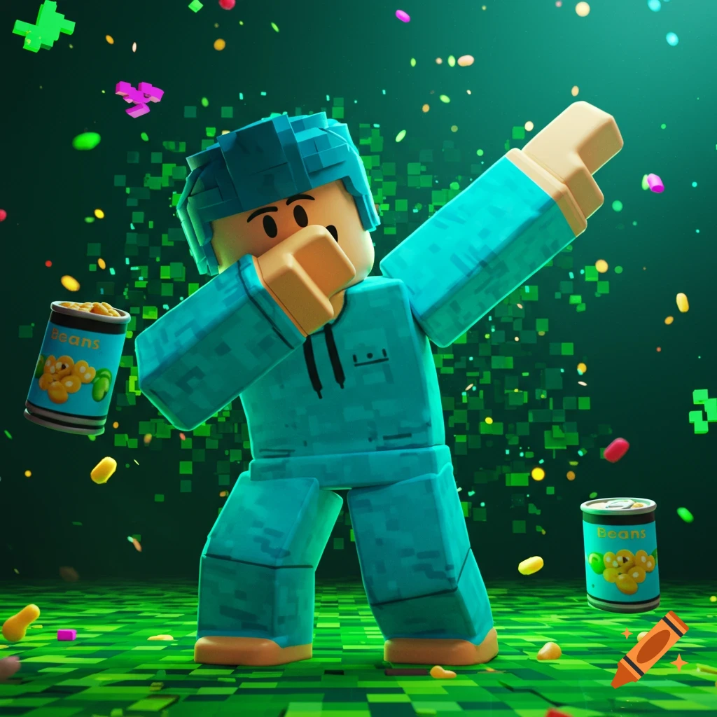 A Roblox character in a blue hoodie dabs, surrounded by floating cans ...