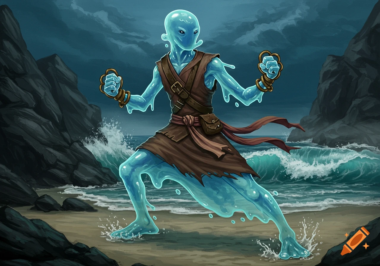 A blue, ooze-like monk character with brass knuckles and tattered ...