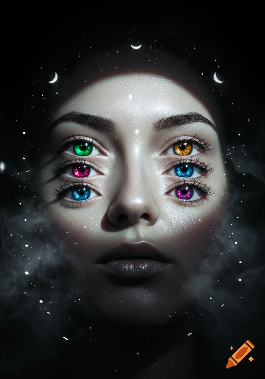 Close-up of a woman's face with six vibrant, multi-colored eyes ...