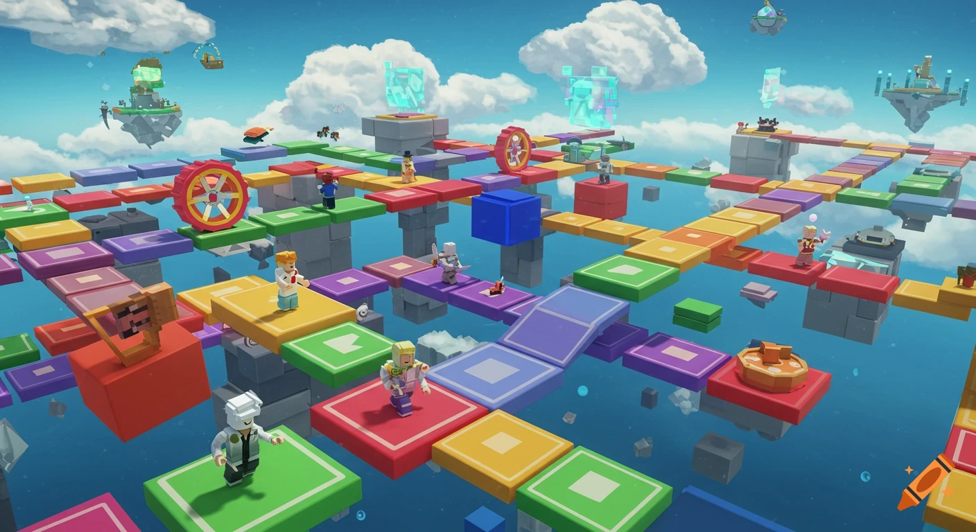 A colorful blocky video game level with characters on multi-colored ...