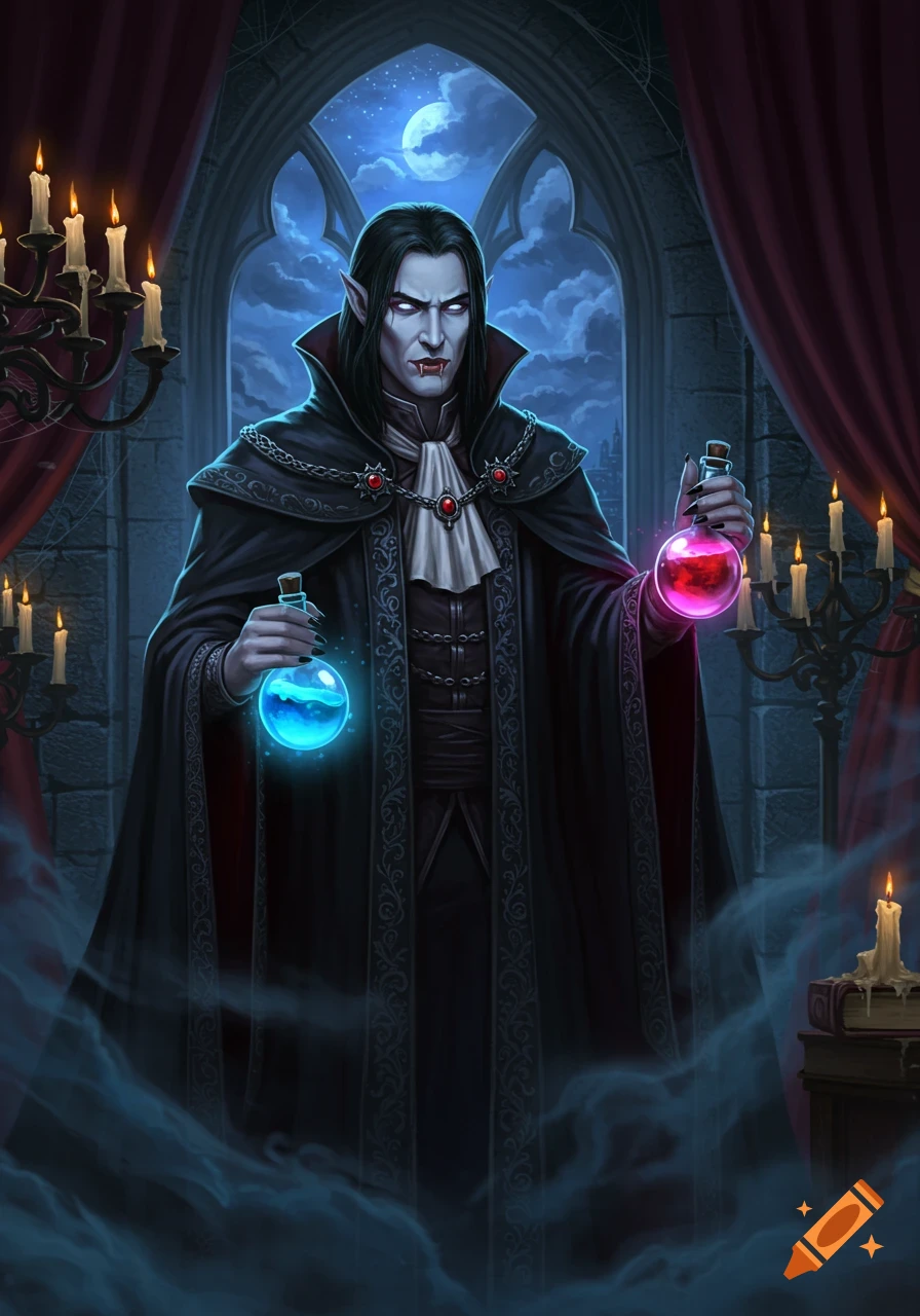 Dark fantasy illustration of a male vampire in a cape holding glowing ...