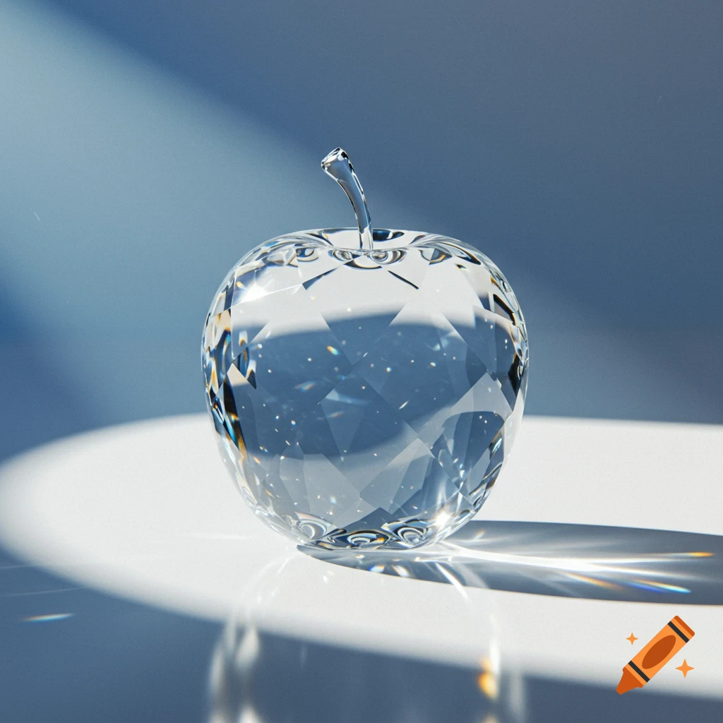 A faceted clear crystal apple with a stem, casting light reflections ...