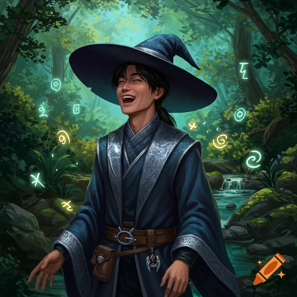 A laughing Asian male wizard in a blue robe and wide-brimmed hat stands ...