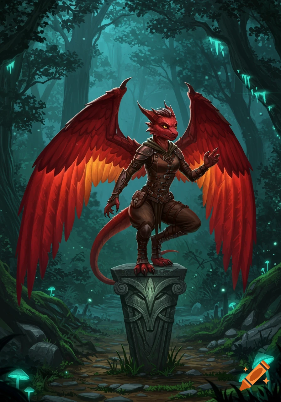 A red winged kobold rogue in leather armor stands on a stone pedestal ...