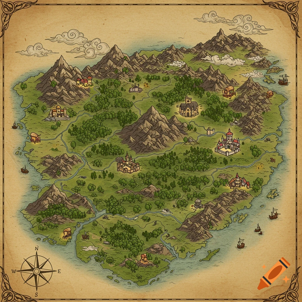 An antique-style medieval fantasy map featuring landmasses, mountains ...