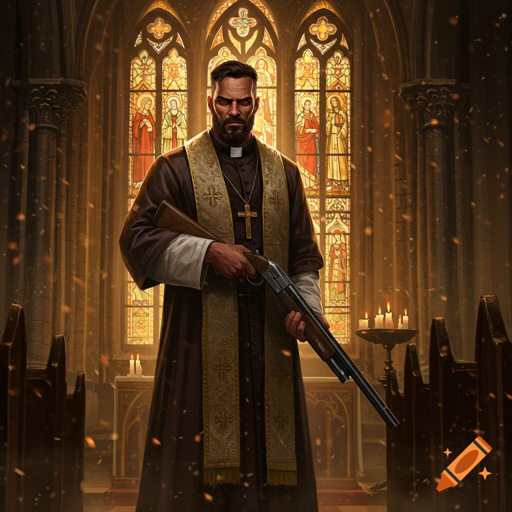 A stern priest in a brown robe and stole holds a shotgun, standing in a ...
