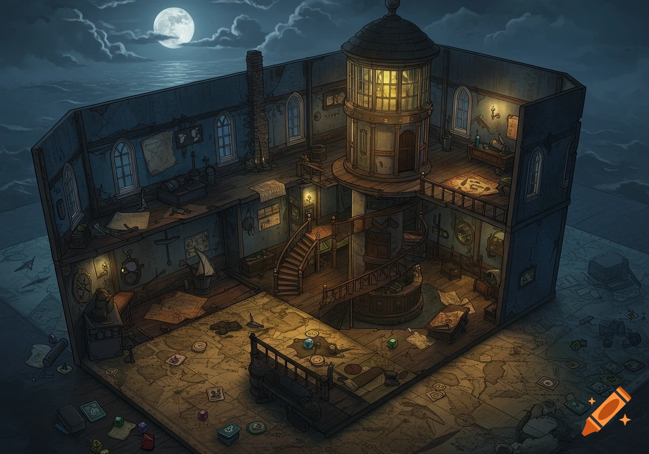 Isometric cutaway view of a fantasy lighthouse interior, designed as a ...