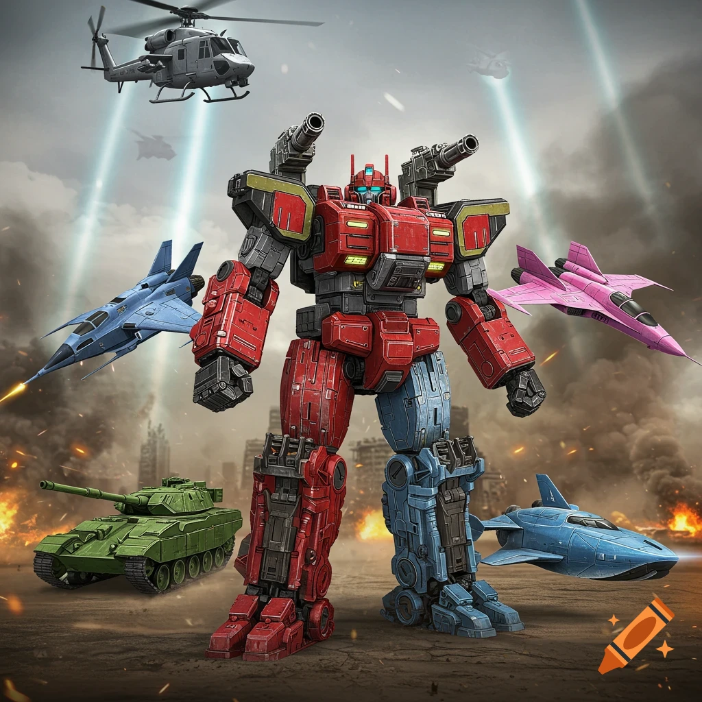 A giant red and blue robot stands amidst a battle scene, surrounded by ...