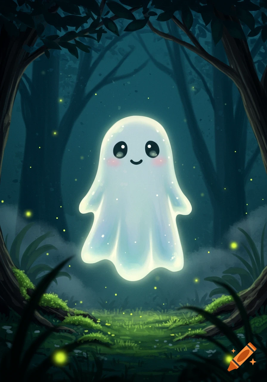 A glowing, cute, cartoon ghost with blushy cheeks floats in a dark ...