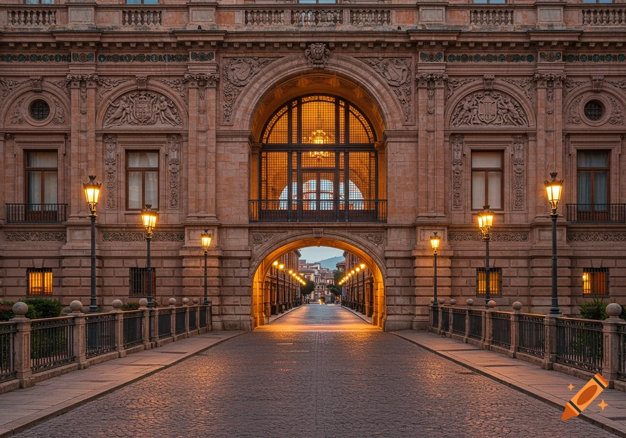 Grand Neoclassical building with a large archway over a cobblestone ...