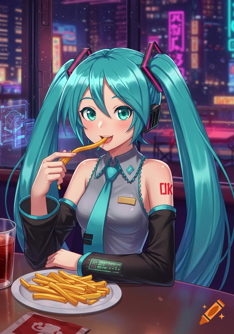 Hatsune Miku with long teal pigtails, wearing a uniform, smiles while ...