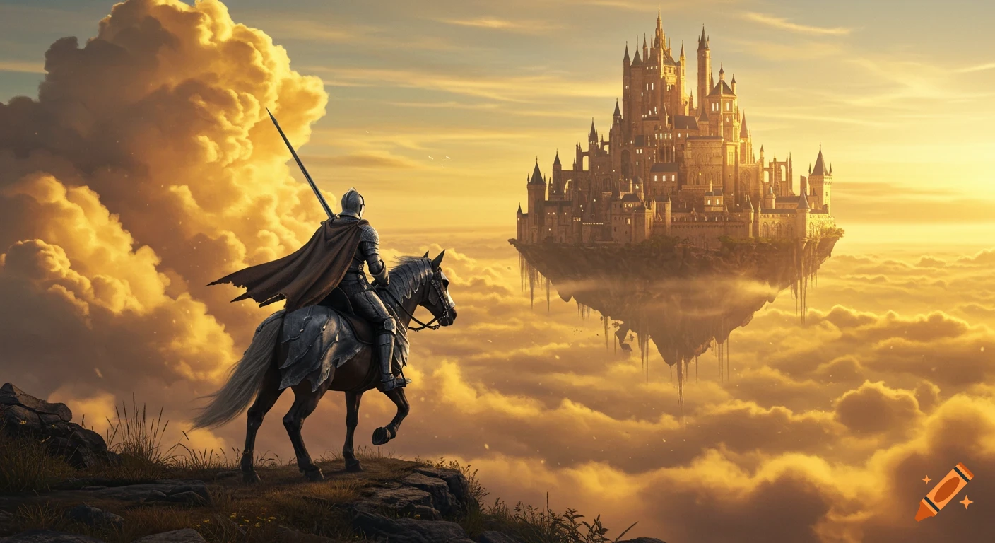 A knight in shining armor on horseback overlooks a majestic floating ...