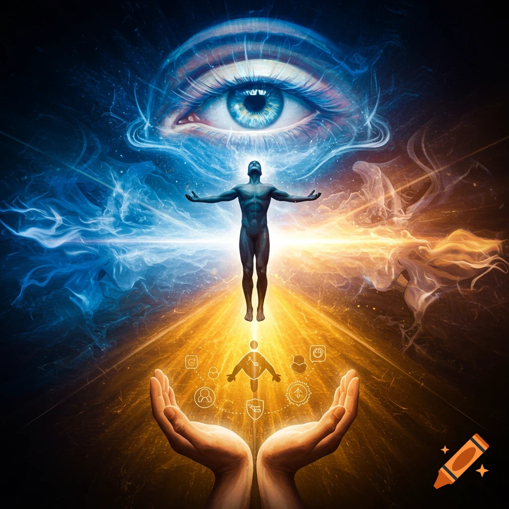 A stylized human figure with outstretched arms floats between cosmic ...