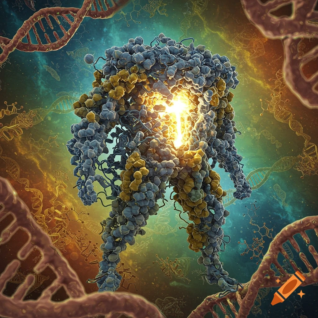 A glowing superhero figure made of blue and yellow ribosomes ...