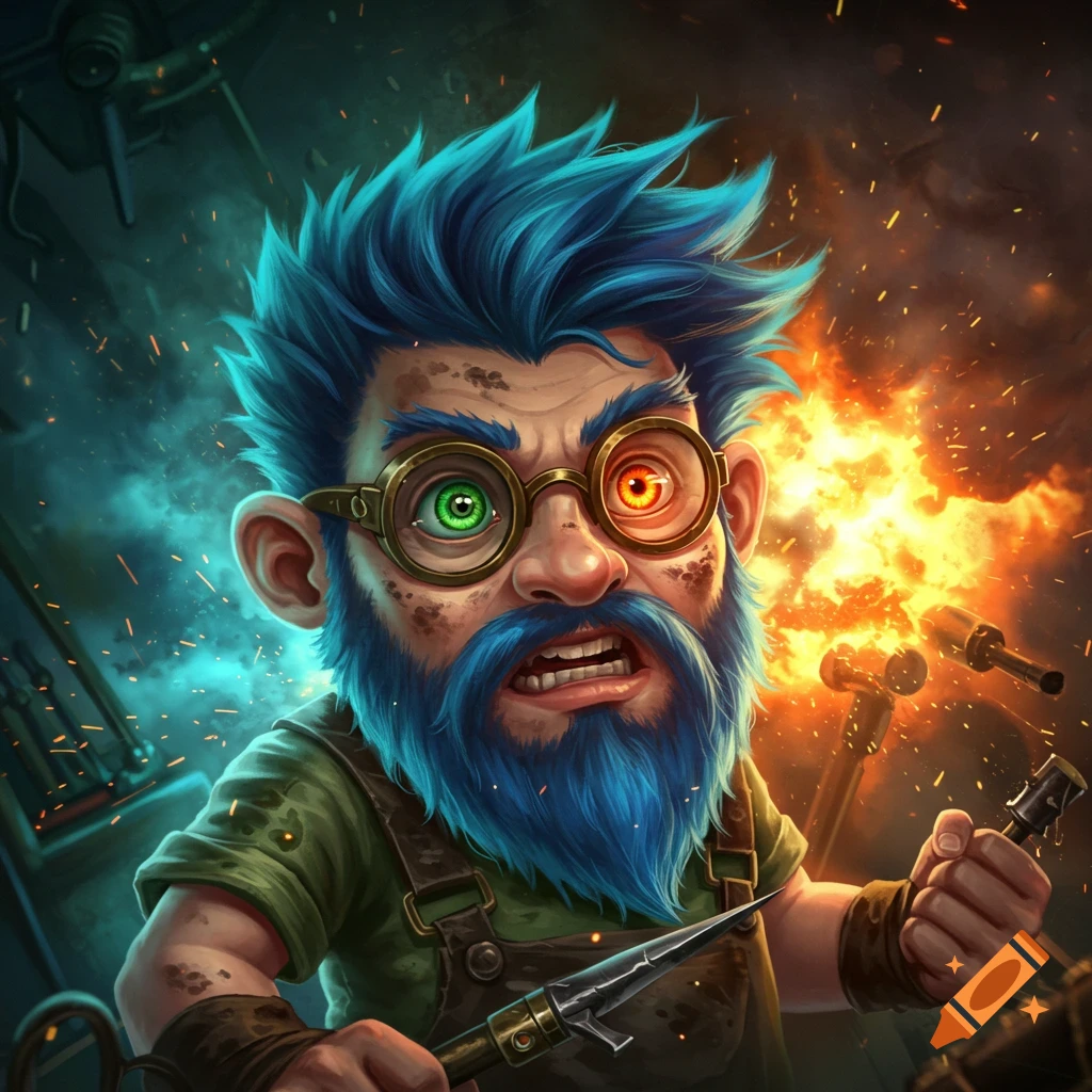 A distressed, wild-eyed cartoon gnome with blue hair and beard and ...