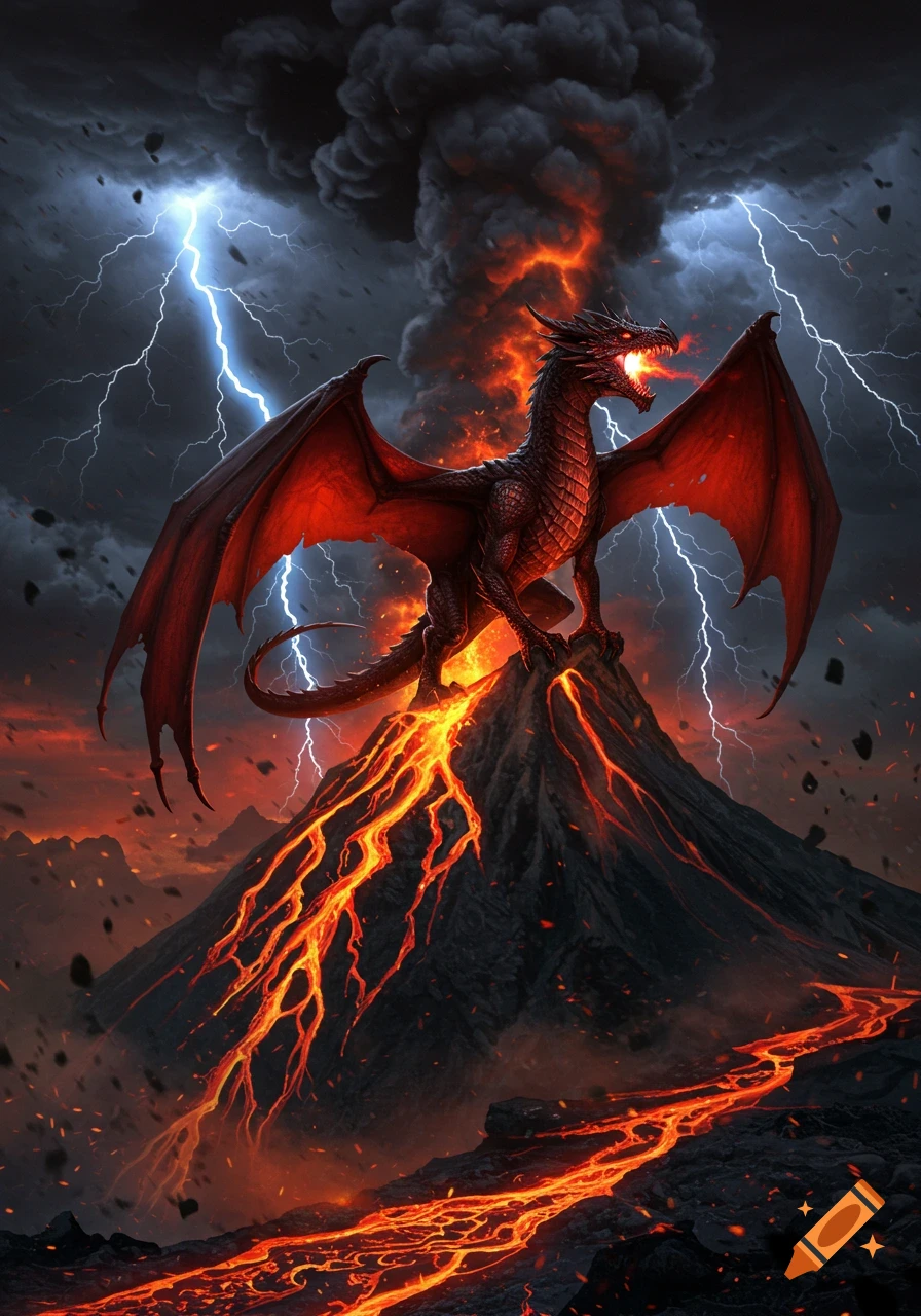 A fierce red-winged fire dragon roars atop an erupting volcano with ...