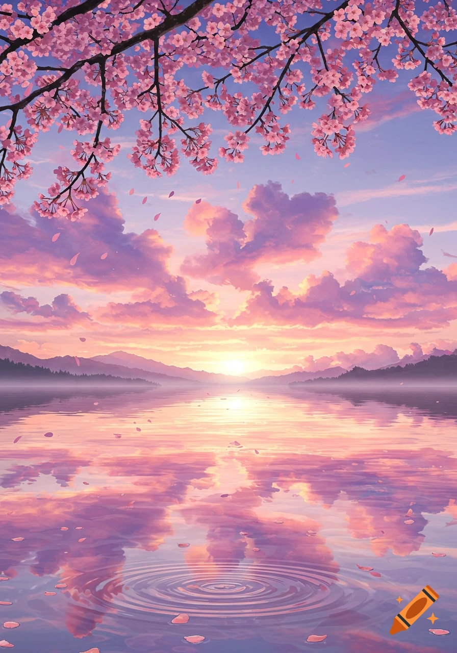 A vibrant pink cherry blossom tree on a small island in a serene lake ...