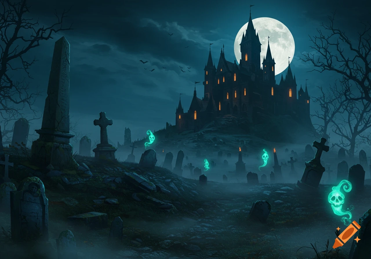 A spooky digital painting of a castle on a hill overlooking a misty ...