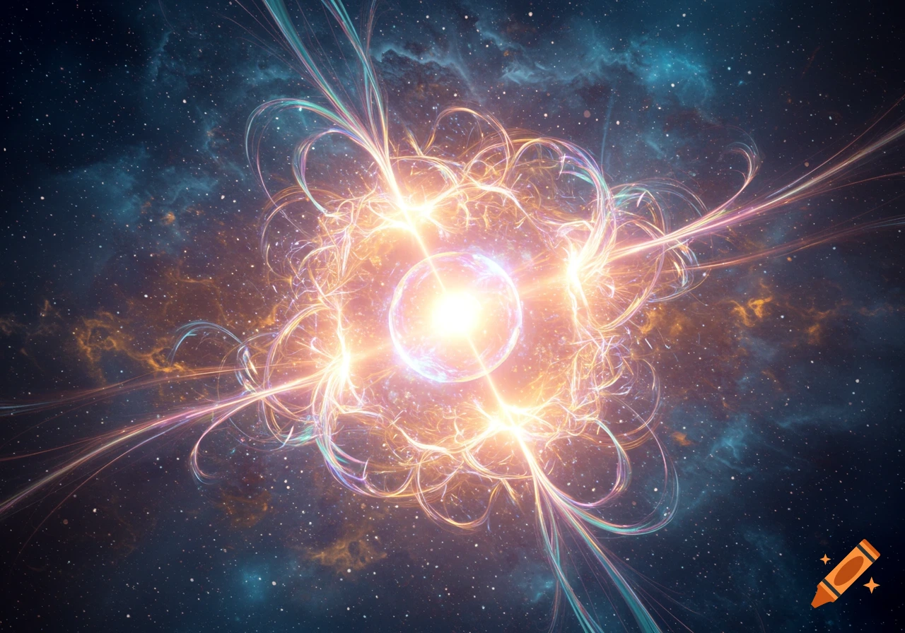 A luminous cosmic explosion or energy burst radiating light in a dark ...