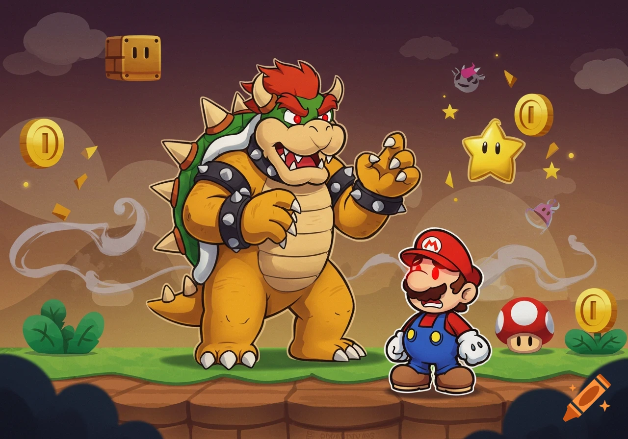 Bowser confronts a red-eyed, possessed Mario in a vivid Paper Mario 64 ...