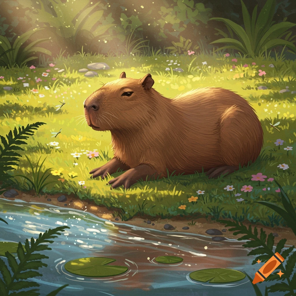 A realistic capybara stands on blocky grass next to a blocky pond in a ...