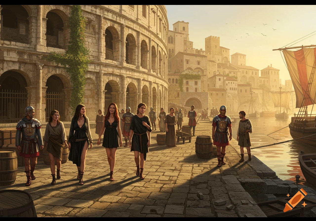 A busy Roman port city scene with an amphitheater, ancient buildings ...