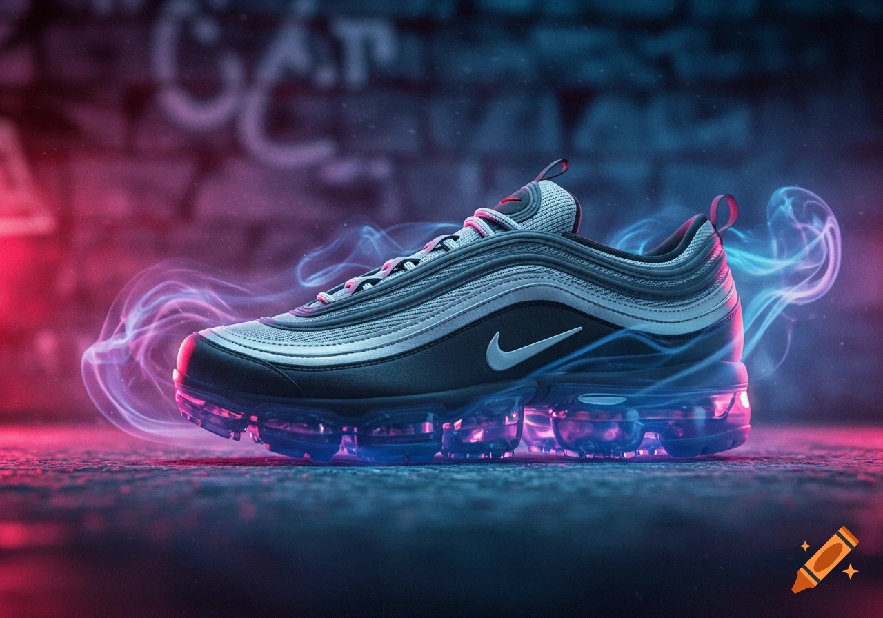 Black and pink Air Jordan sneakers on a wet surface with neon lights in ...