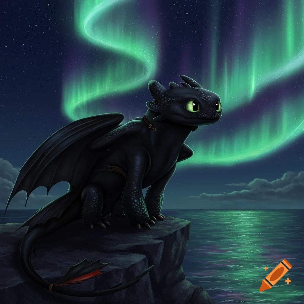 Toothless, a black dragon, sits on a rock by water under a night sky ...