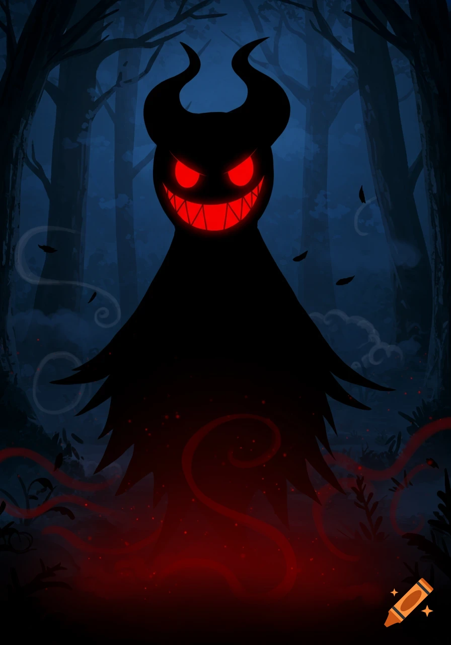 A stylized illustration of a black, horned shadow figure with glowing ...