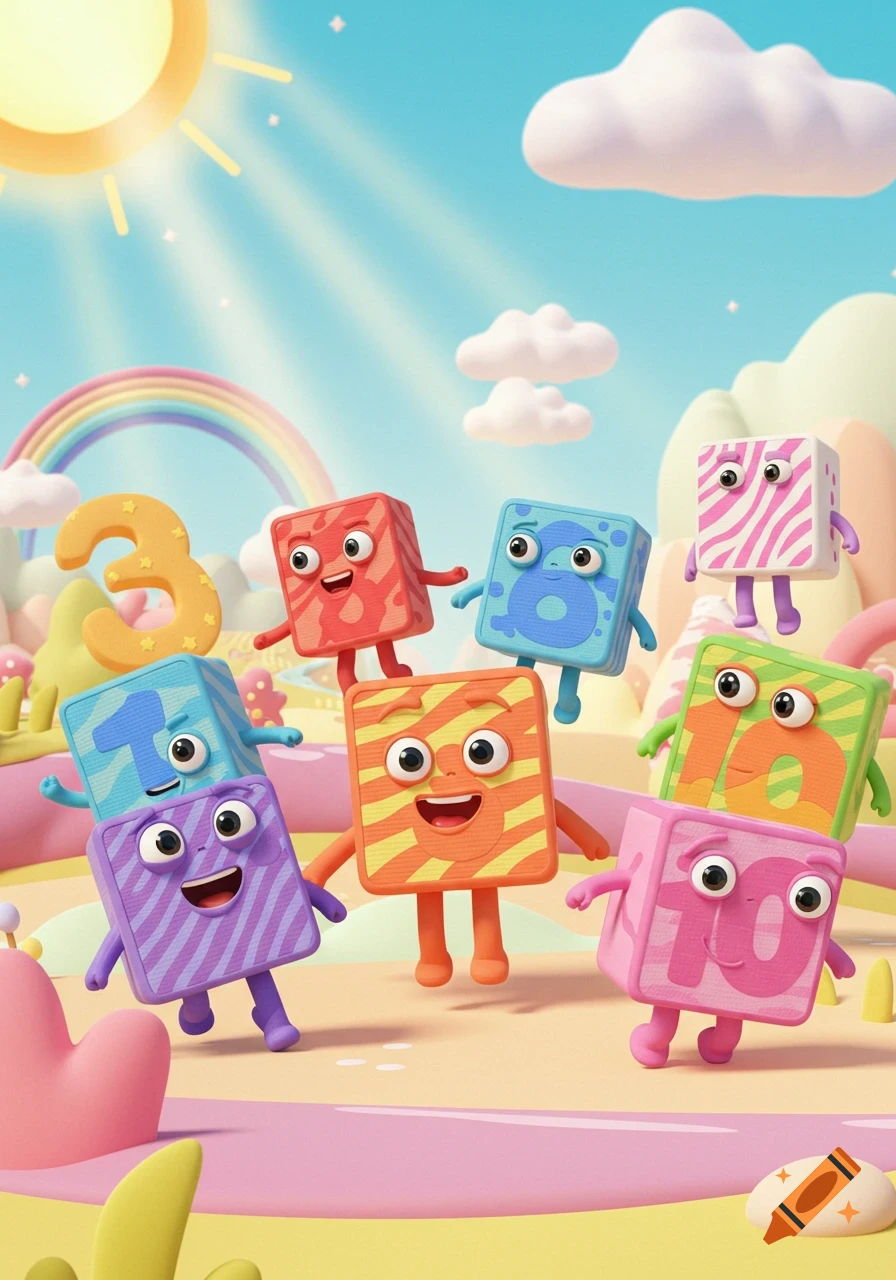A group of colorful, smiling, cube-shaped cartoon number characters with a large '3' under a ...