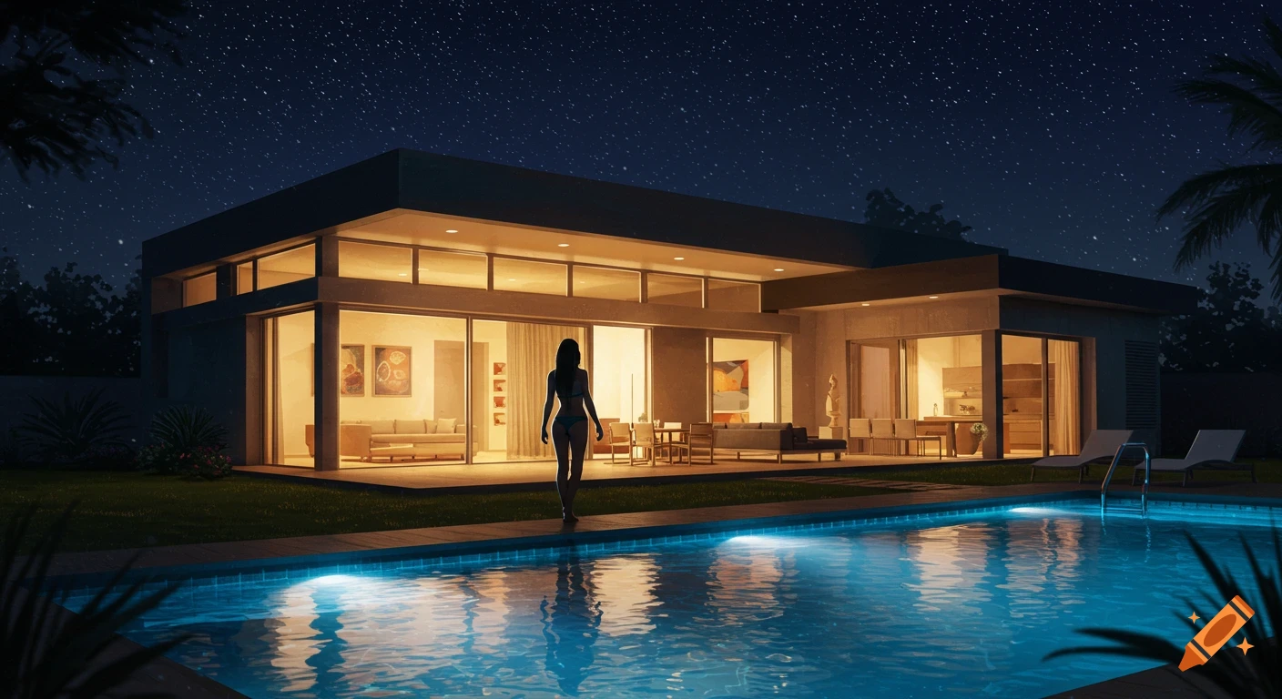 A woman in a bikini stands by a glowing pool at night in front of a ...