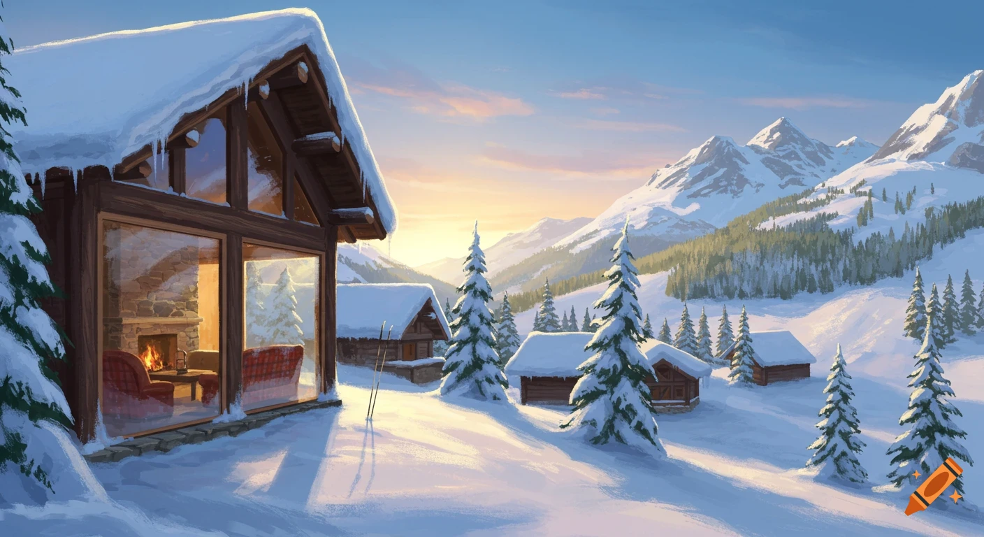 A snow-covered village at night with a large decorated Christmas tree ...