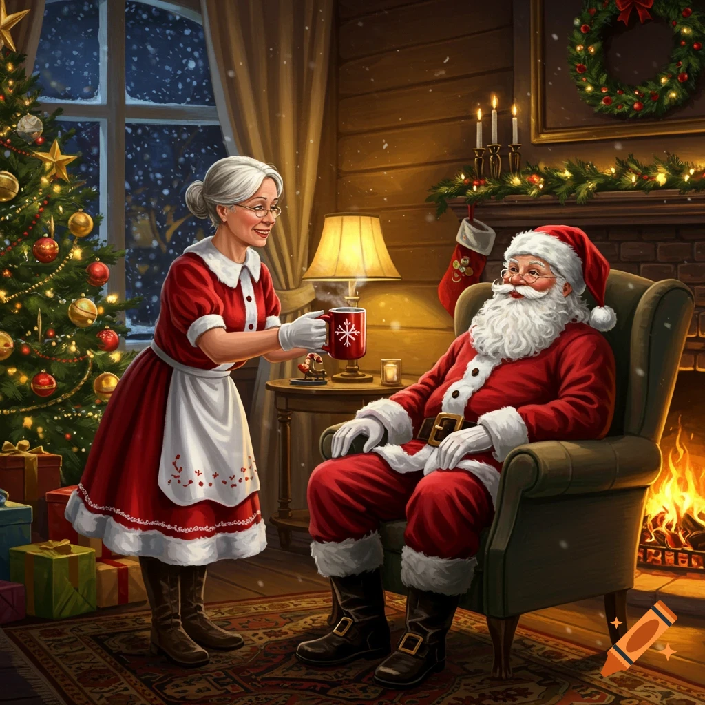 Santa Claus holds a stack of gifts in a photorealistic mid-century modern living room with a lit ...