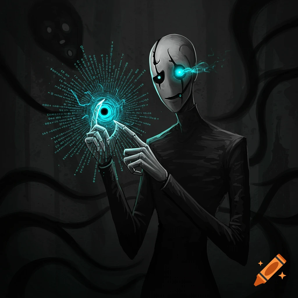 A grey-skinned figure with a cracked, skull-like face and glowing blue ...