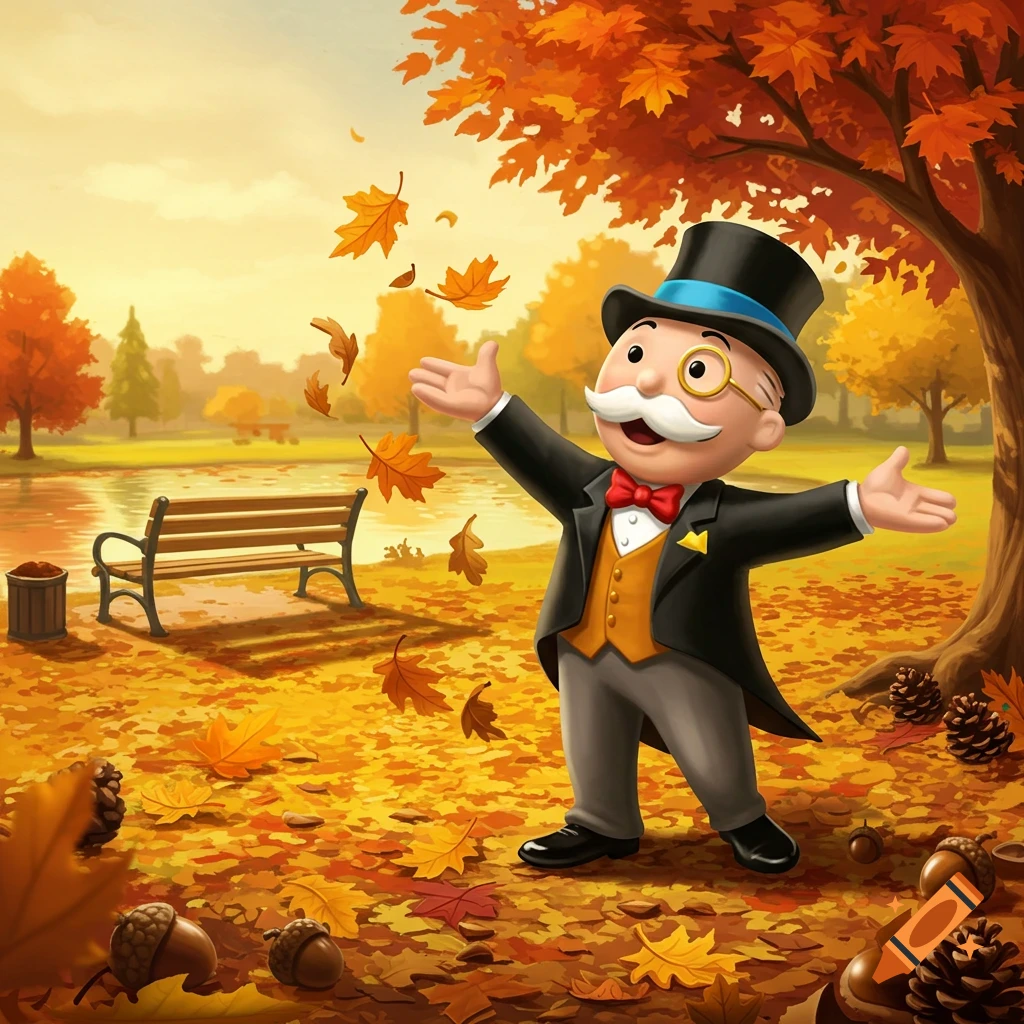 Monopoly Man cartoon character standing in a vibrant autumn park ...