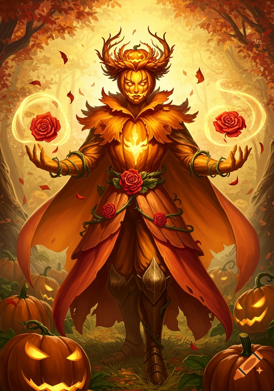 A mystical pumpkin king in an autumn forest holds glowing red roses ...