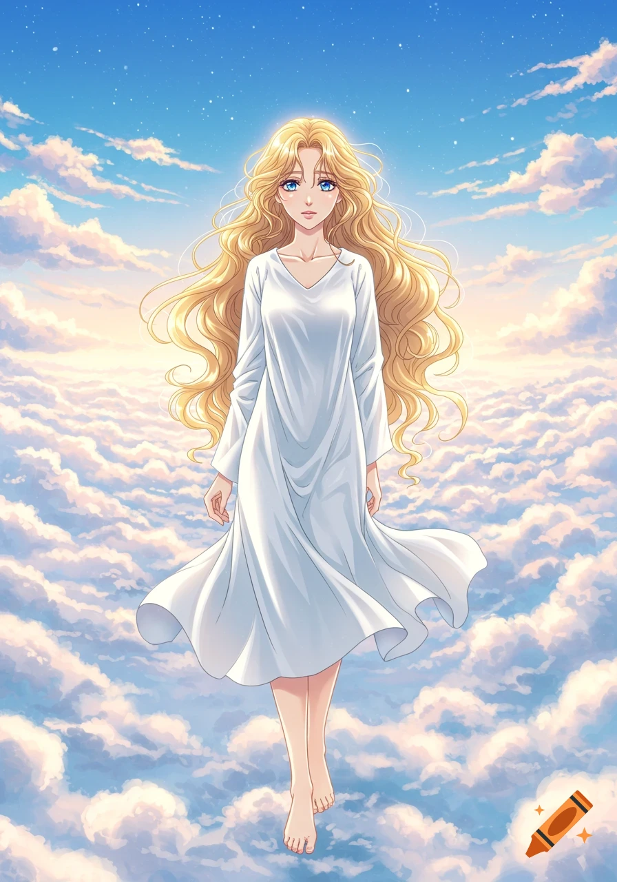 An anime woman with long wavy golden hair and blue eyes, wearing a ...