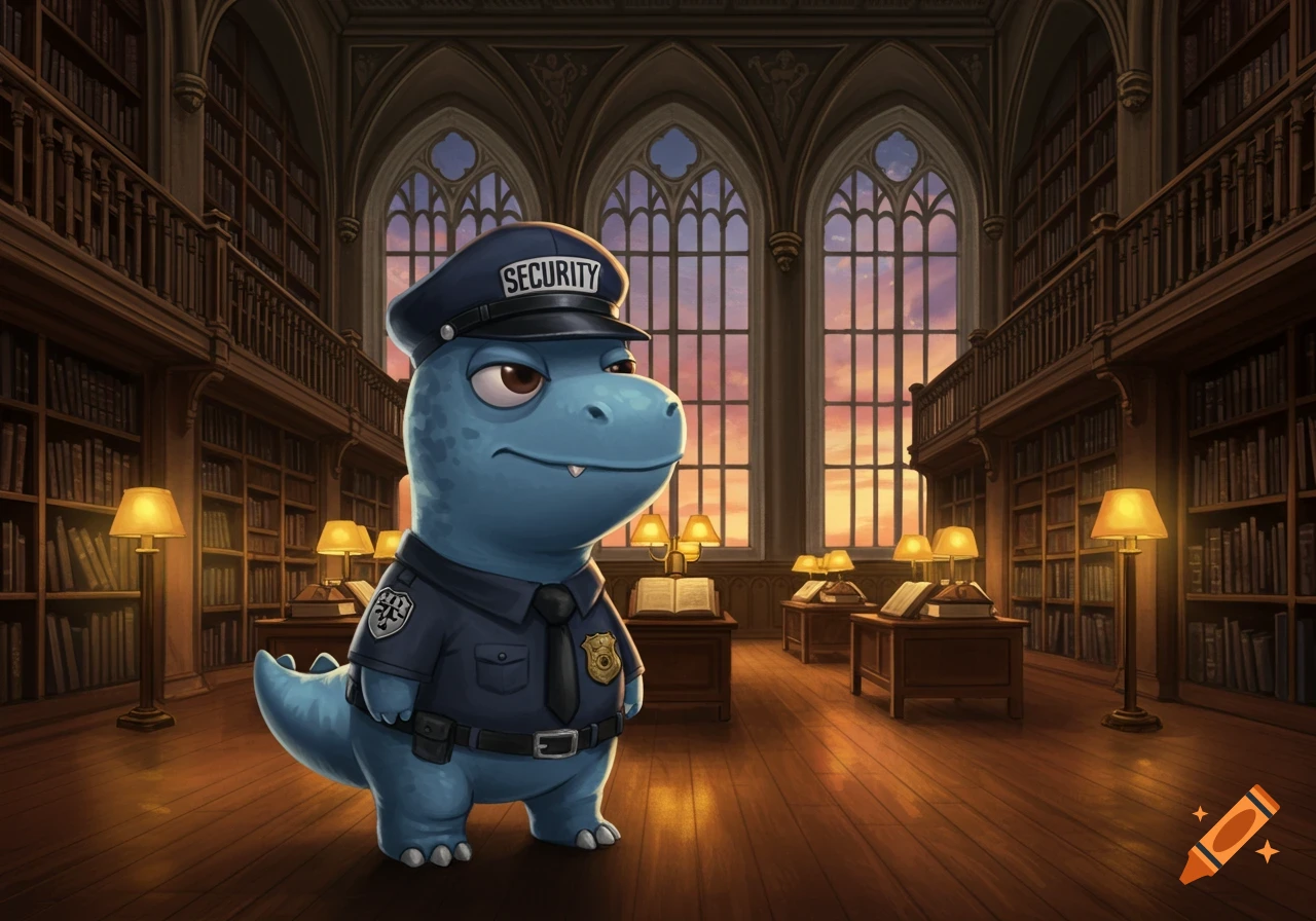 A cartoon blue dinosaur security guard in uniform stands in a grand ...
