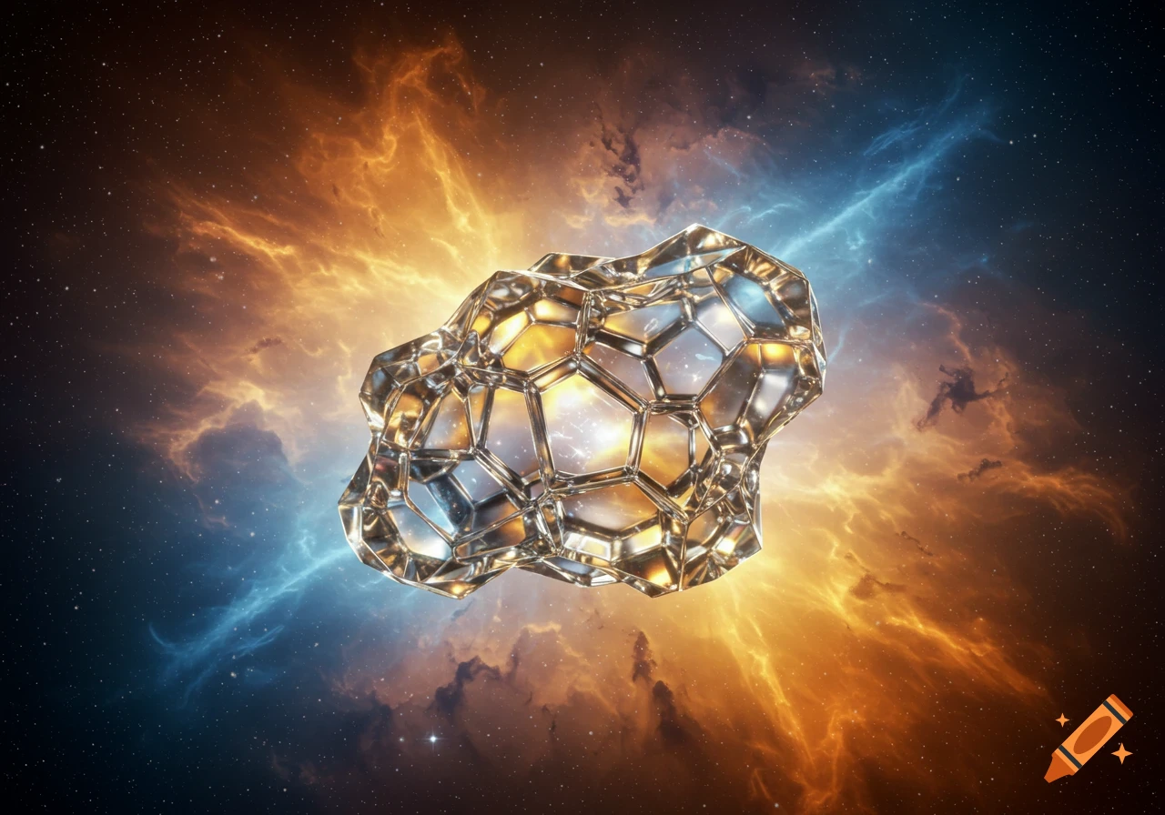 A shimmering, metallic, geometric crystalline object floats in deep ...