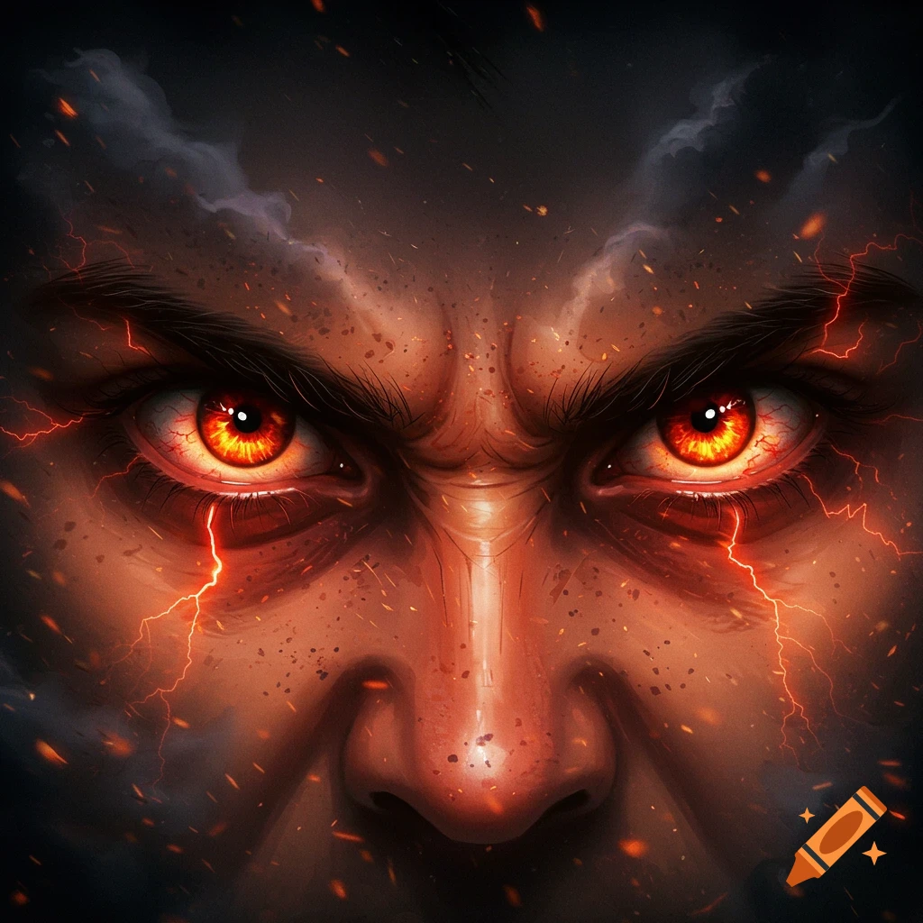 Close-up of an angry face with glowing red eyes and lightning-like ...