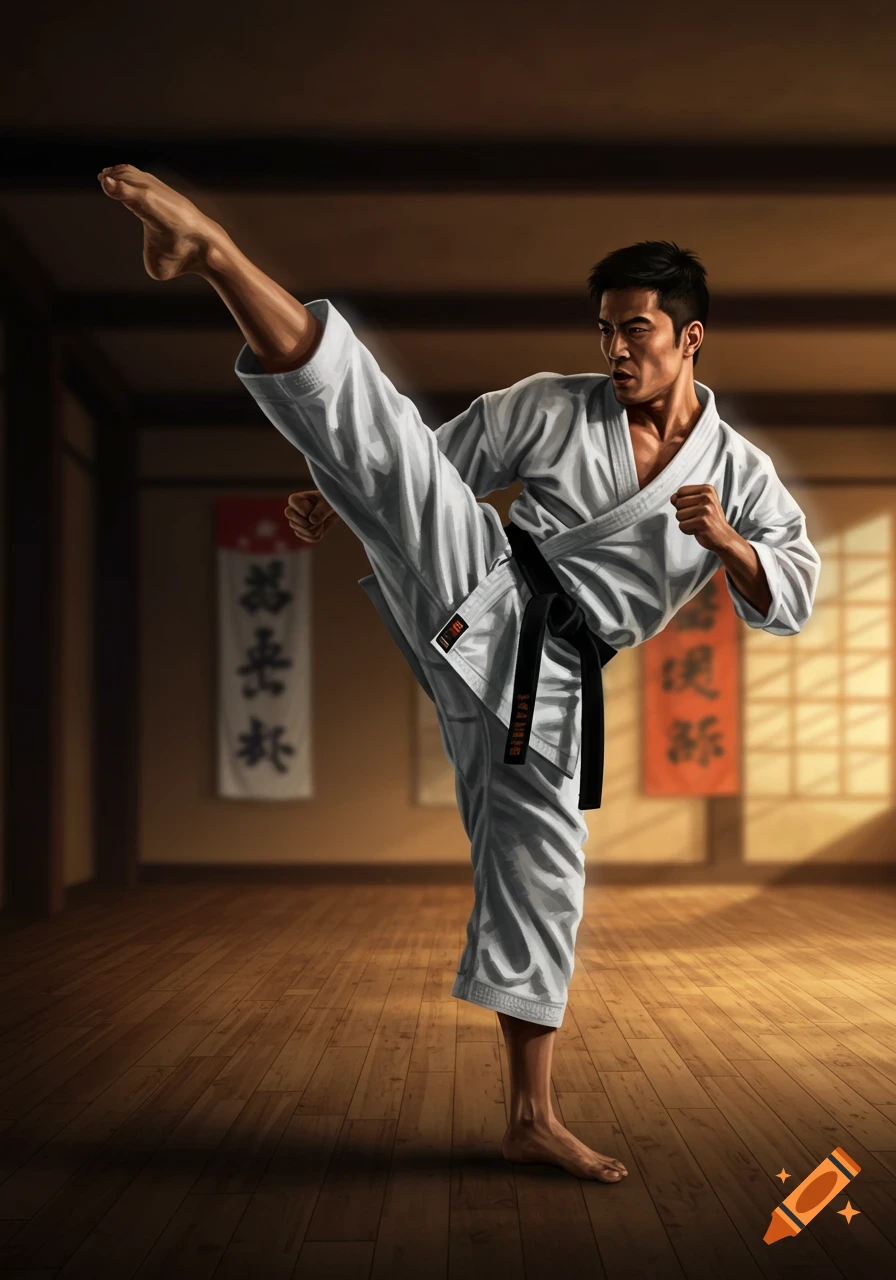 Anime style illustration of a panda in a white karate gi performing a ...