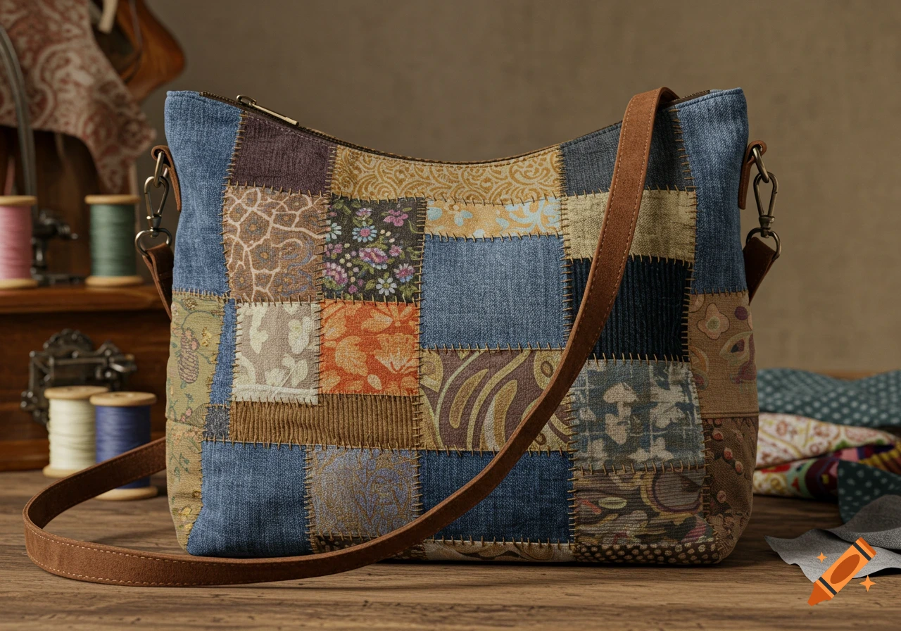 A quilted tote bag with an embroidered fox design sits on a wooden table. on Craiyon