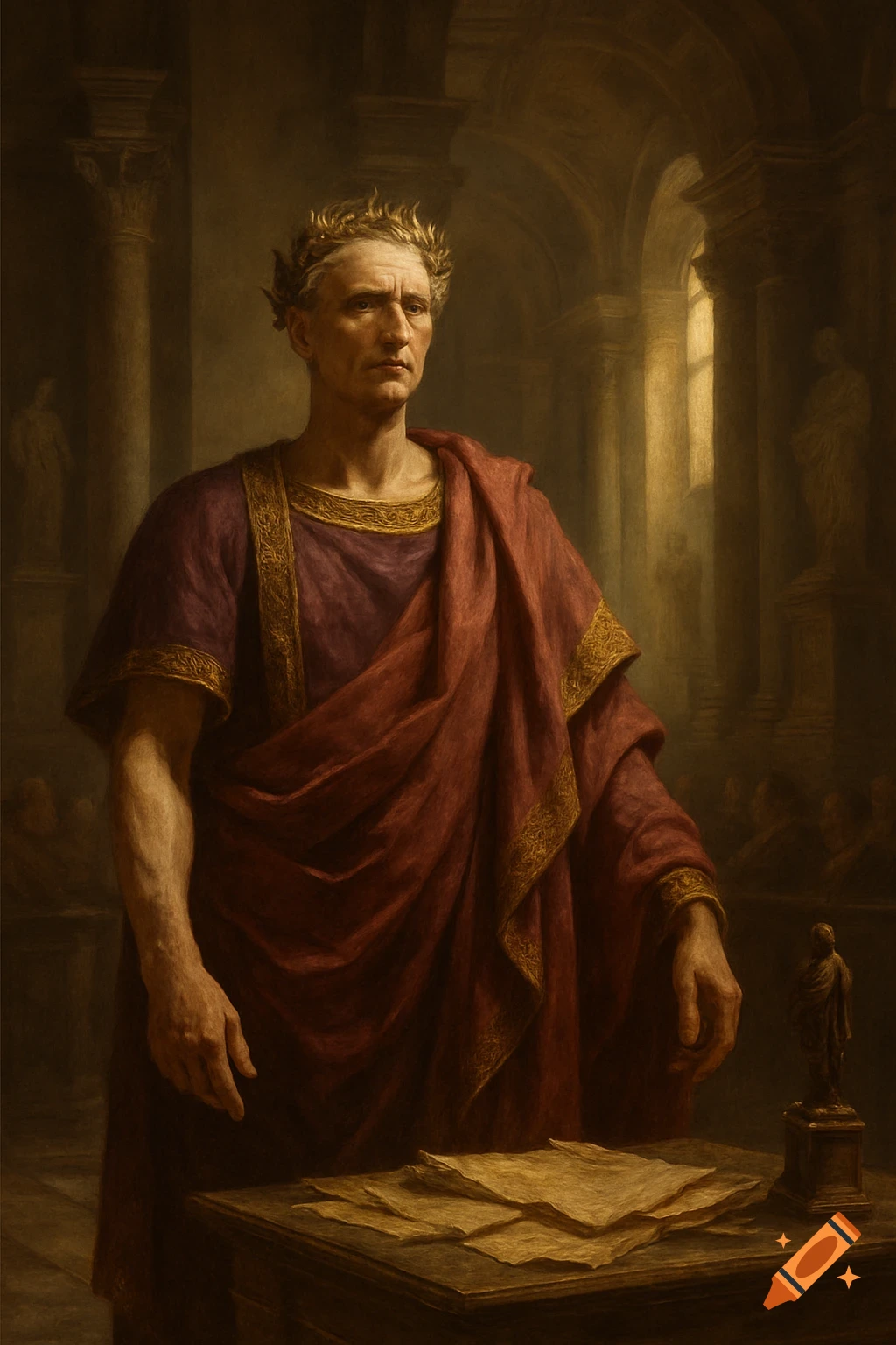 Classical painting of Julius Caesar in a purple toga and laurel wreath ...