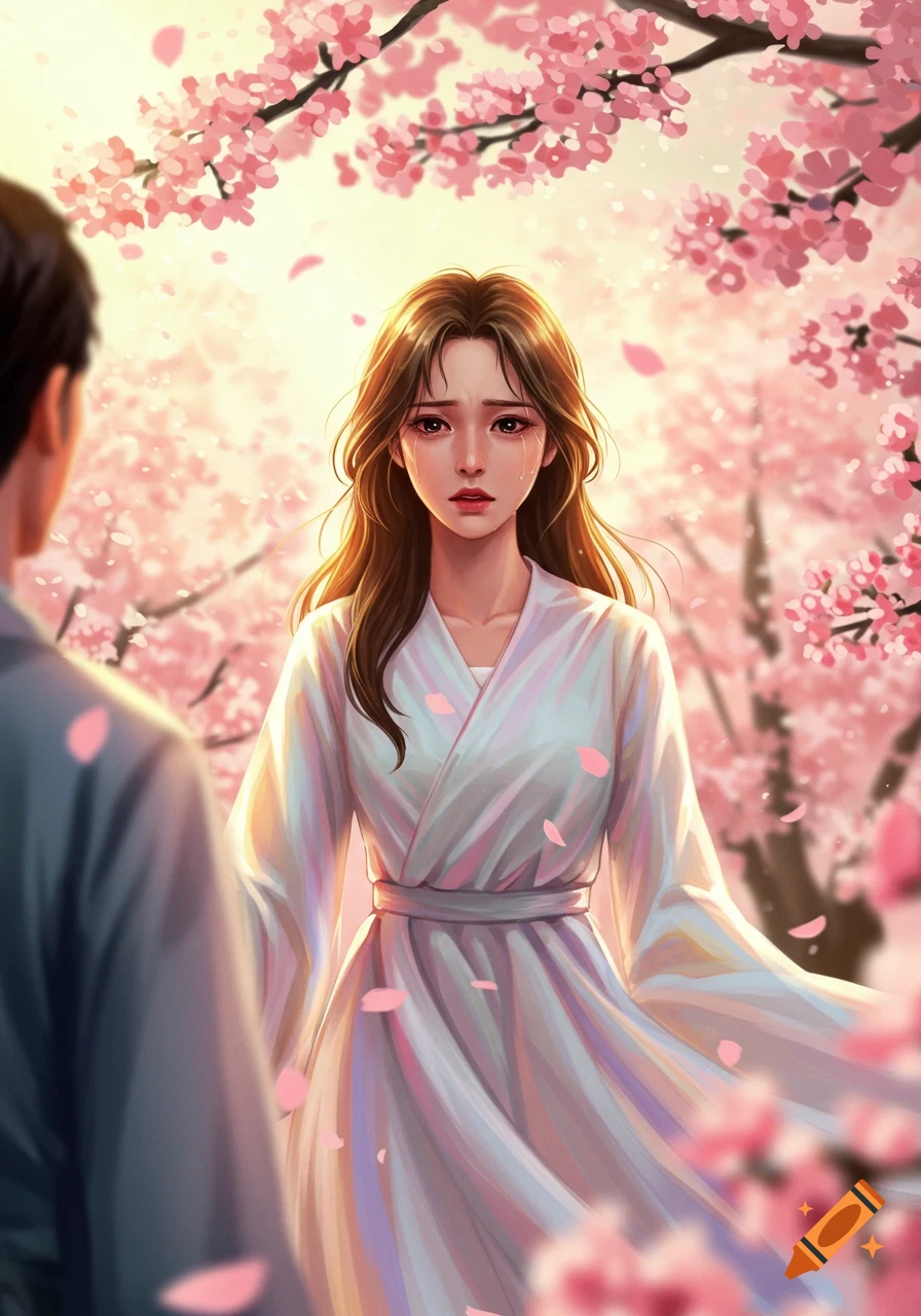 Crying woman in white robes under cherry blossoms, turning from a man ...