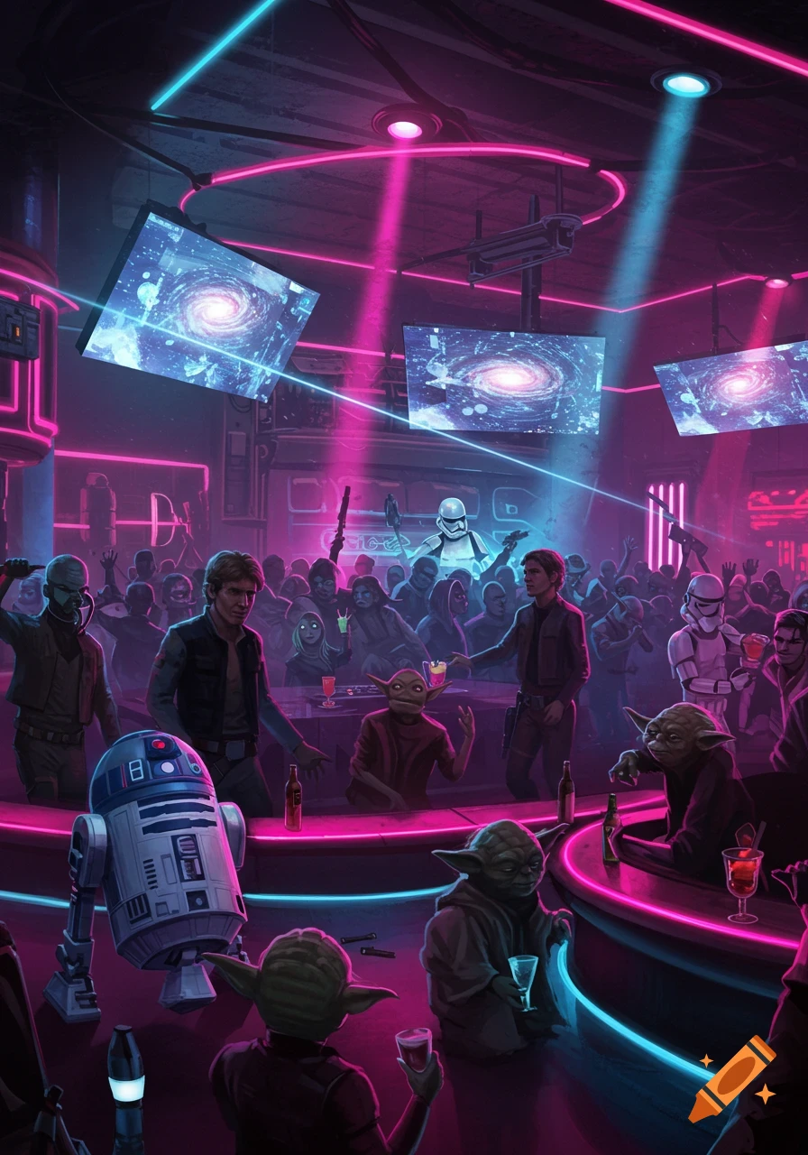 Han Solo and various aliens and droids gather in a vibrant, neon-lit ...
