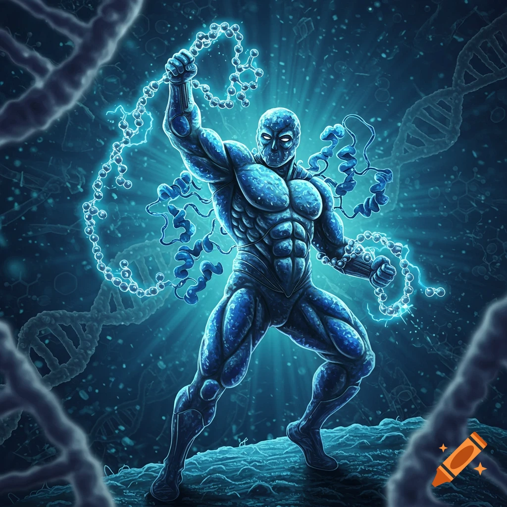 A powerful, muscular blue superhero figure made of molecular structures ...