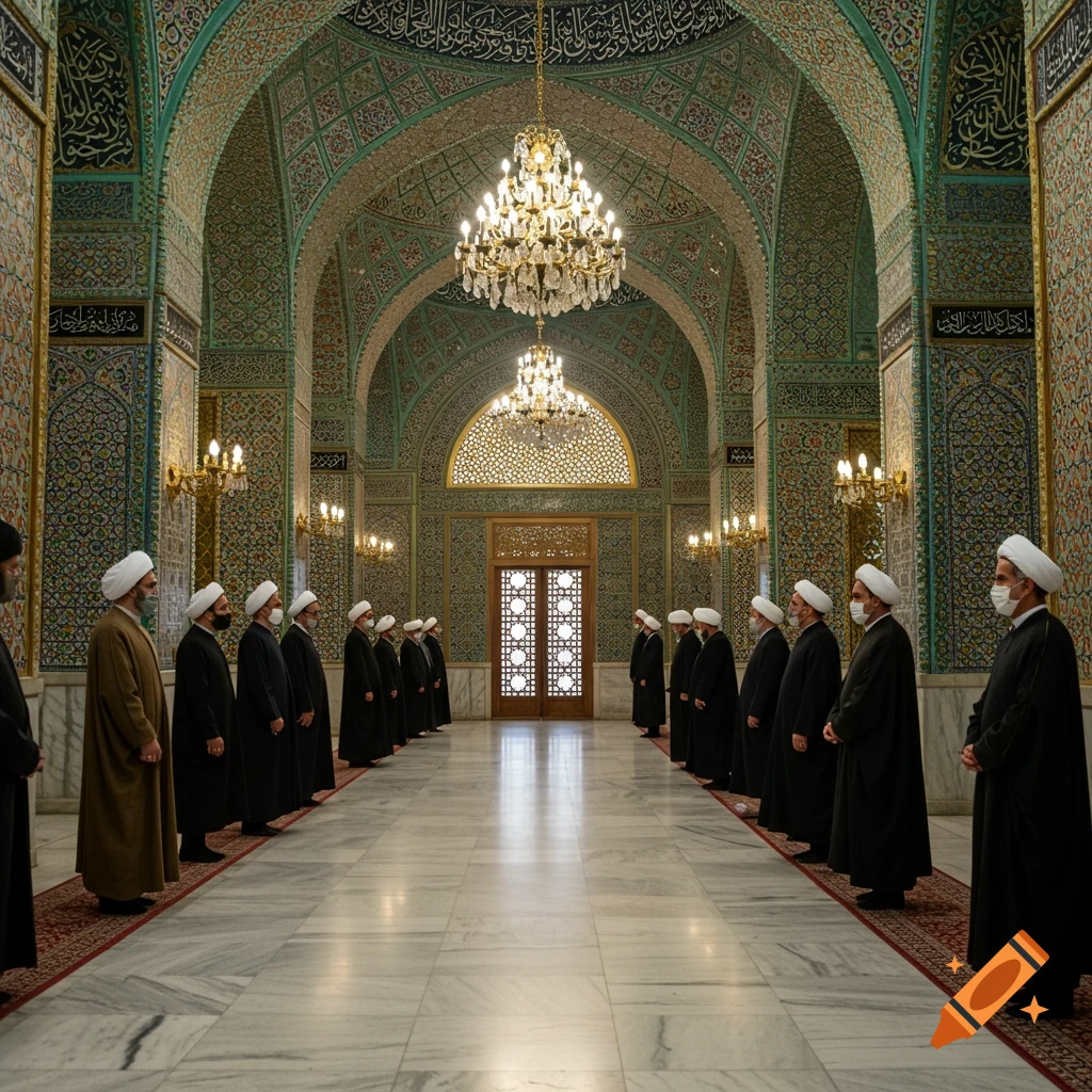 A line of men in traditional black robes and white turbans standing in ...